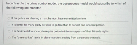 Solved In contrast to the crime control model, the due | Chegg.com