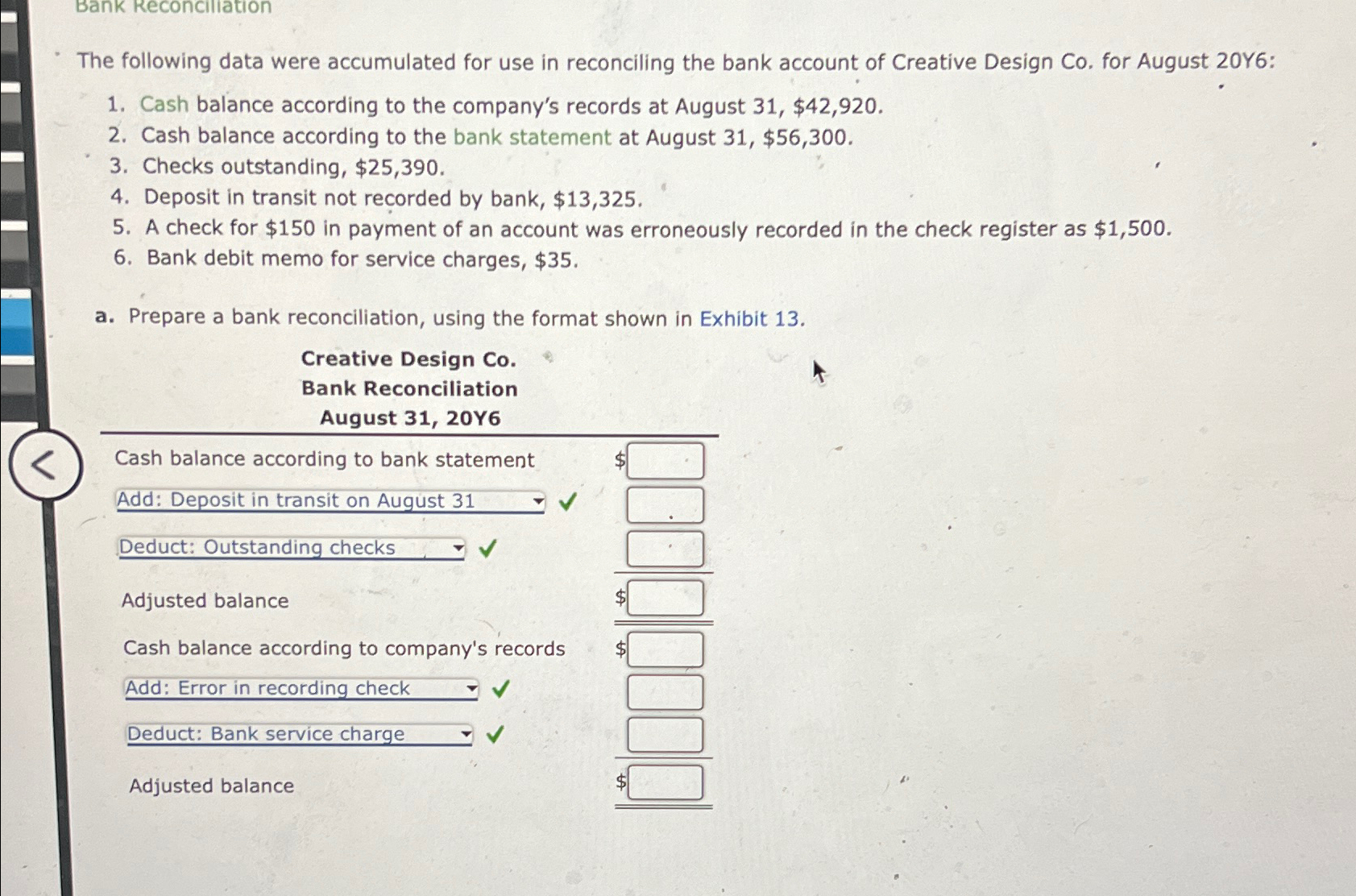 Solved Bank ReconciliationThe following data were | Chegg.com
