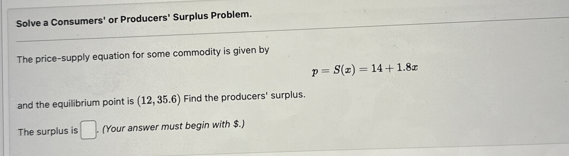 Solved Solve a Consumers' or Producers' Surplus Problem.The | Chegg.com