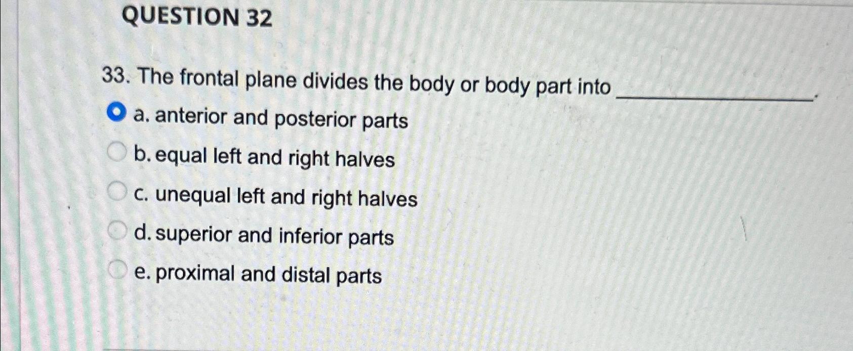 Solved QUESTION 3233. ﻿The frontal plane divides the body or | Chegg.com