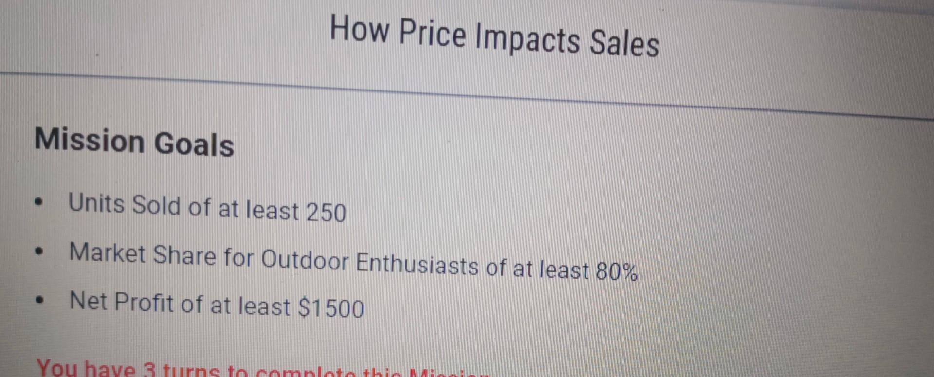 Solved Mission Goals - Units Sold of at least 250 - Market | Chegg.com