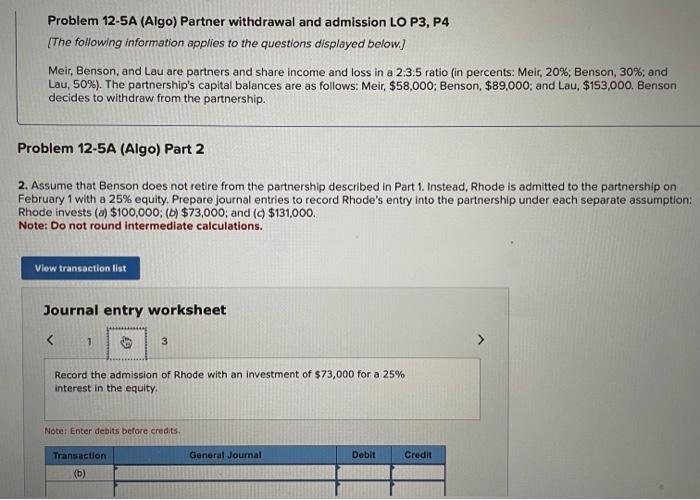 Solved Problem 12-5A (Algo) Partner withdrawal and admission | Chegg.com