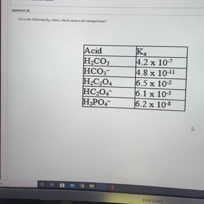Solved Question 26 Given the following Ka values, which | Chegg.com