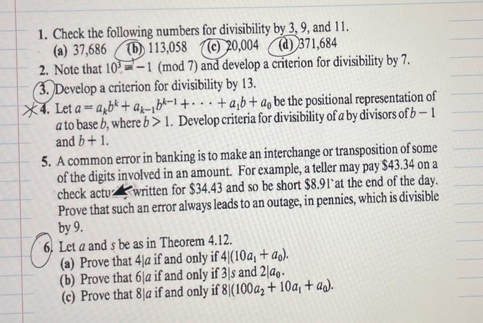 Solved 1. Check the following numbers for divisibility by | Chegg.com