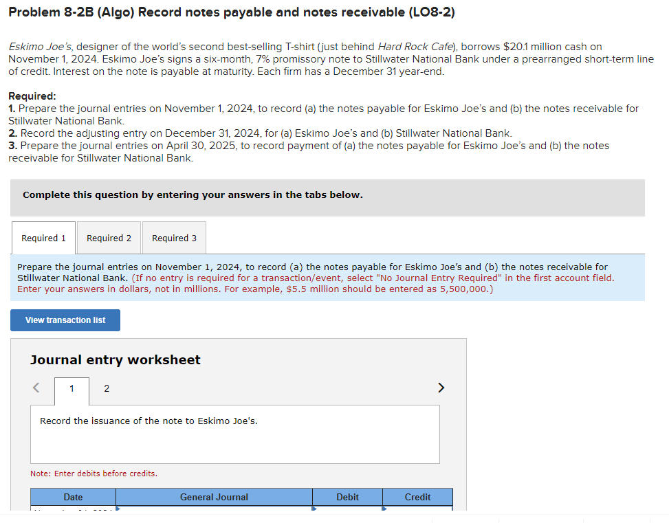 Solved Problem 8-2B (Algo) ﻿Record notes payable and notes | Chegg.com