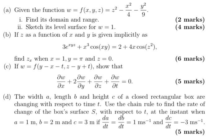 Solved (a) Given the function w=f(x,y,z)=z2−4x2−9y2. i. Find | Chegg.com