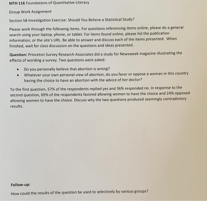 Solved MTH 116 Foundations of Quantitative Literacy Group | Chegg.com