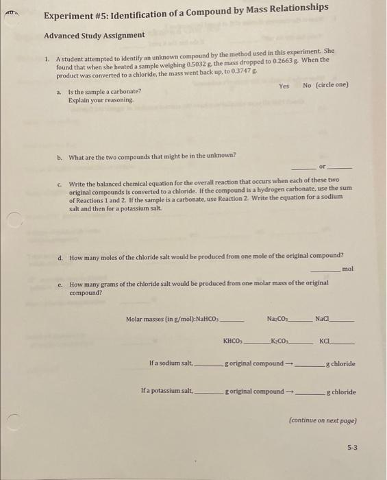 Solved Experiment \#5: Identification of a Compound by Mass | Chegg.com