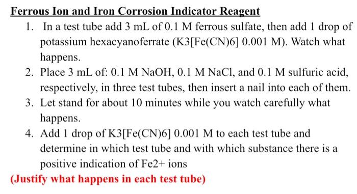 Solved Ferrous Ion and Iron Corrosion Indicator Reagent 1. | Chegg.com