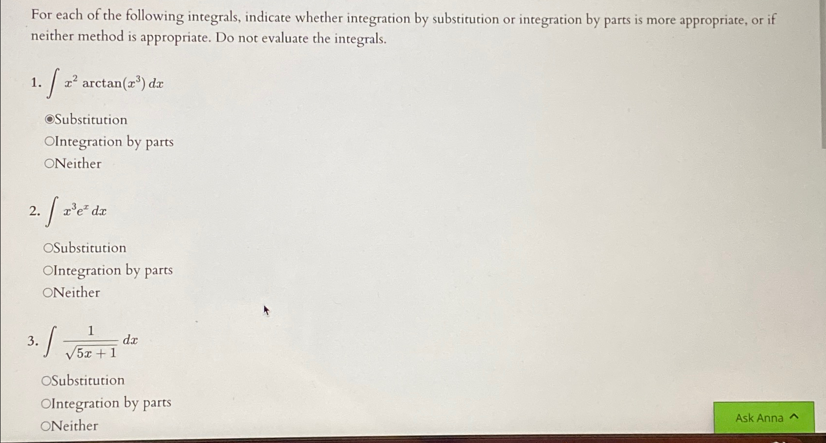 Solved For each of the following integrals, indicate whether | Chegg.com
