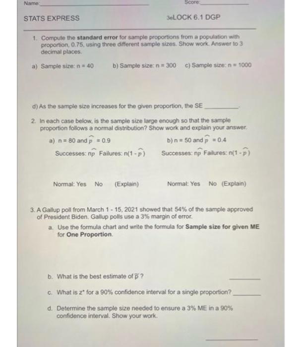 1. Compute the standard error for sample proportions | Chegg.com