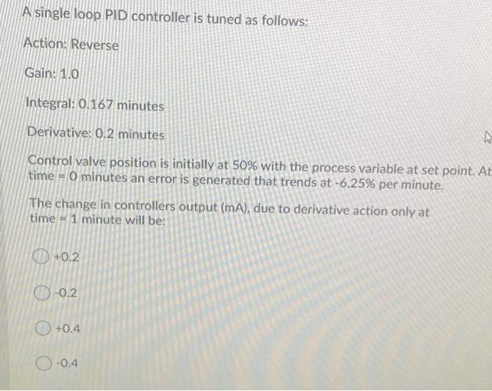 Solved A single loop PID controller is tuned as follows: | Chegg.com