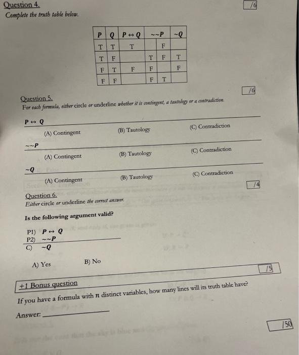Question 4. Complete the trutb table below. Question | Chegg.com