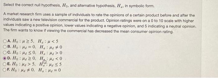 Solved Select the correct null hypothesis, H0, and | Chegg.com