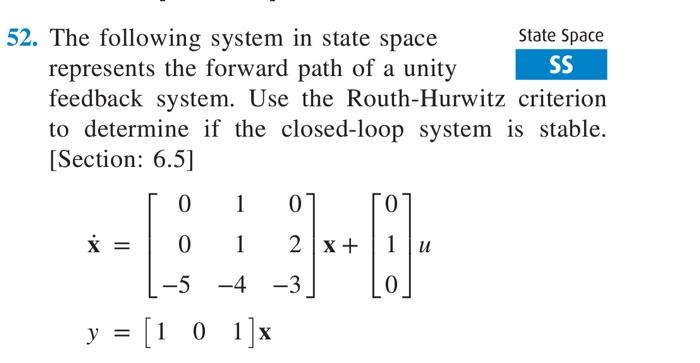 Solved State Space SS 52. The following system in state | Chegg.com