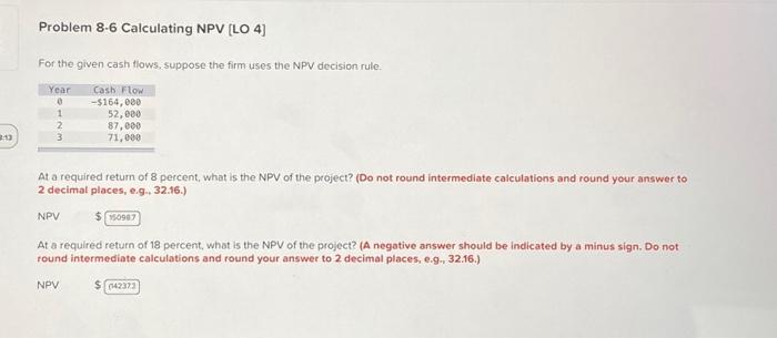 Solved Problem 8-6 Calculating NPV [LO 4] For the given cash | Chegg.com