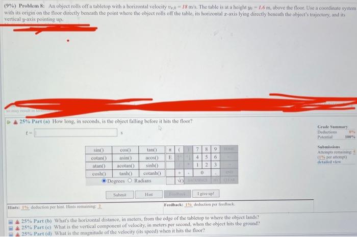 Solved (9\%) Problem 8: An object rolls offat tabletop with | Chegg.com
