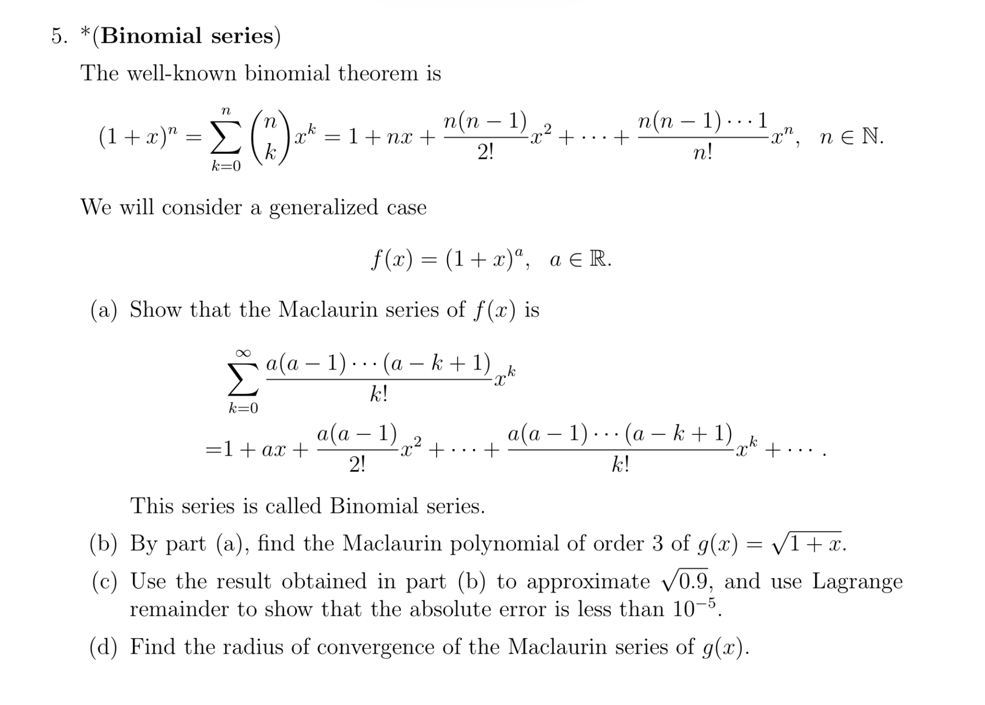 Solved (Binomial series)The well-known binomial theorem | Chegg.com