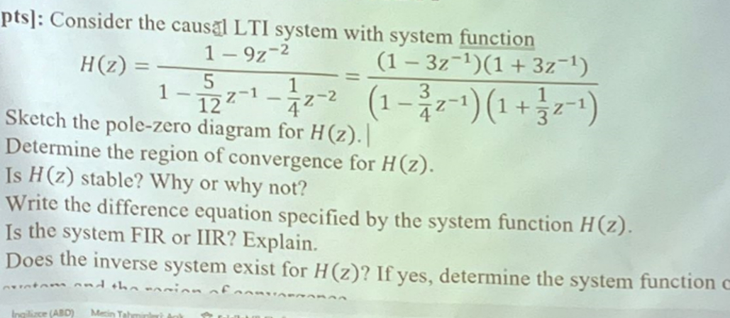 pts]: Consider the causశl LTI system with system | Chegg.com