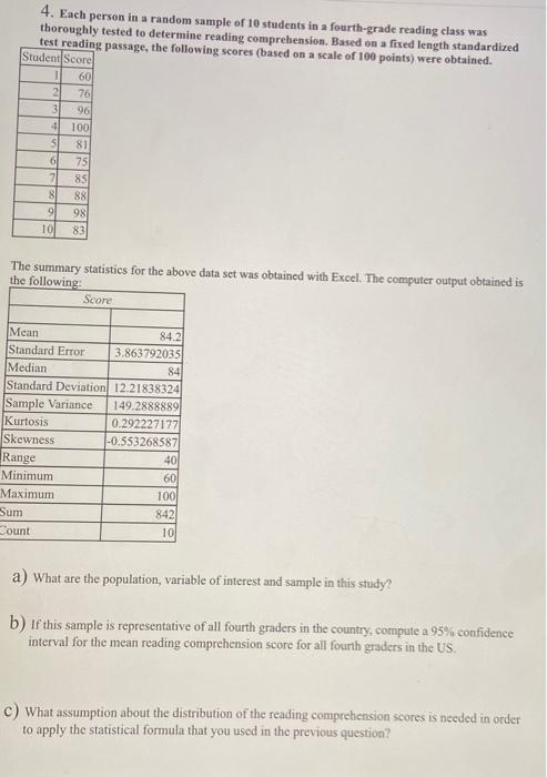 Solved 4. Each person in a random sample of 10 students in a | Chegg.com
