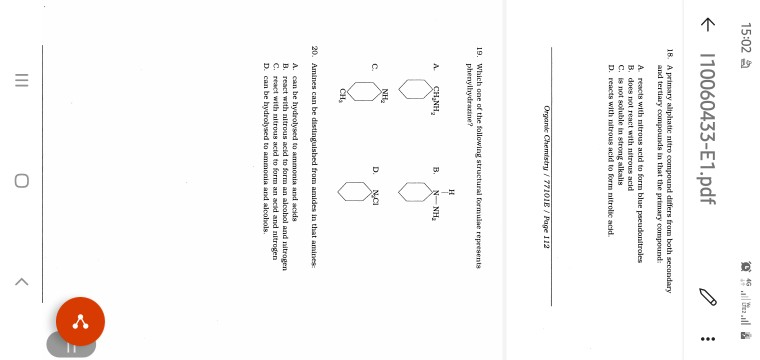 Solved 15:02 € 110060433-E1.pdf *** 16. A primary aliphatic | Chegg.com