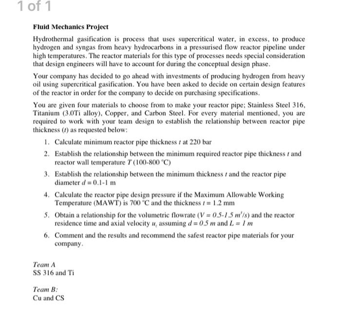 Solved 1 of 1 Fluid Mechanics Project Hydrothermal | Chegg.com