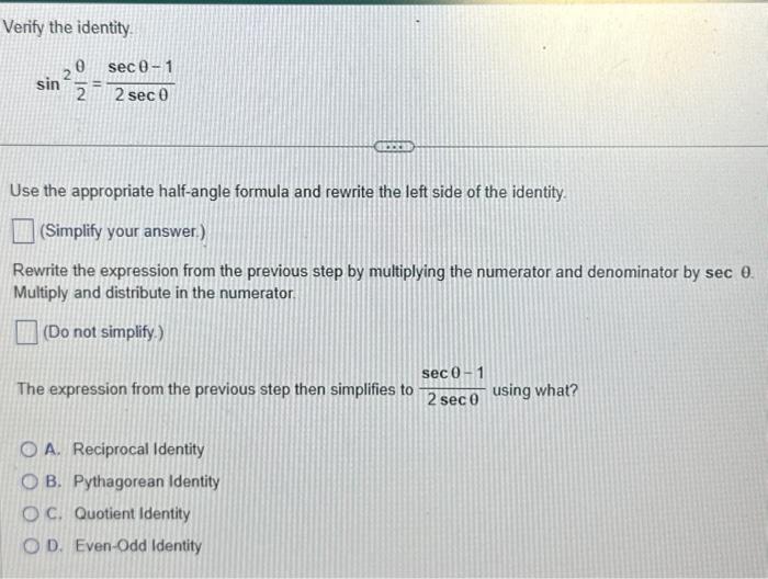 Solved Verify the identity. sin 2 sec 0-1 2 sec 0 I Use the | Chegg.com