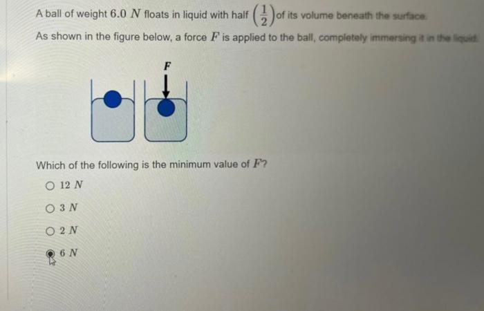 Solved A ball of weight 6.0 N floats in liquid with half | Chegg.com