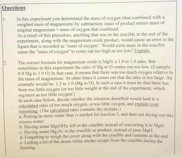 Solved In this experiment you determined the mass of oxygen | Chegg.com
