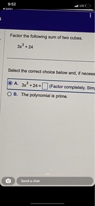 Solved Factor the following sum of two cubes. 3x3+24 Select | Chegg.com