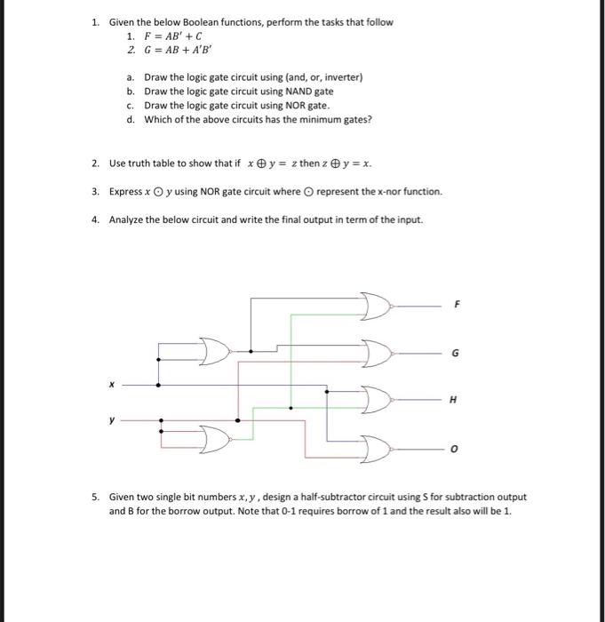 Solved 1. Given the below Boolean functions, perform the | Chegg.com
