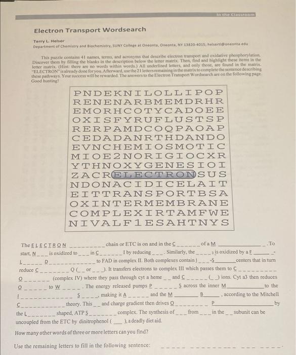 In the Classroom Electron Transport Wordsearch Terry | Chegg.com