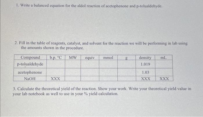 Solved 1. Write a balanced equation for the aldol reaction | Chegg.com