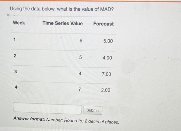 Solved Using the data below, what is the value of MAD? | Chegg.com