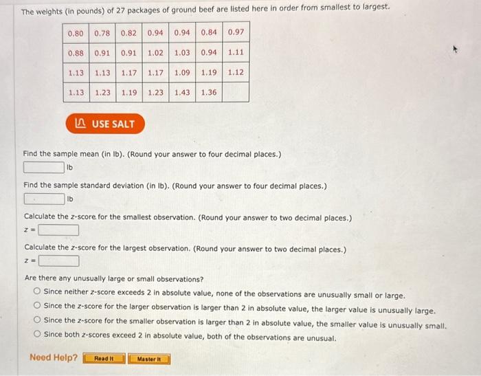 Solved The weights (in pounds) of 27 packages of ground beef | Chegg.com