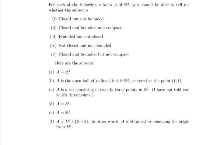 Solved For each of the following subsets A of R2, you should | Chegg.com