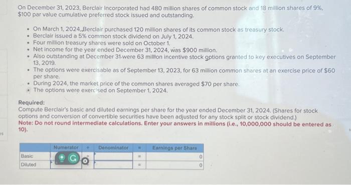 Solved On December 31,2023 , Berclair Incorporated had 480 | Chegg.com