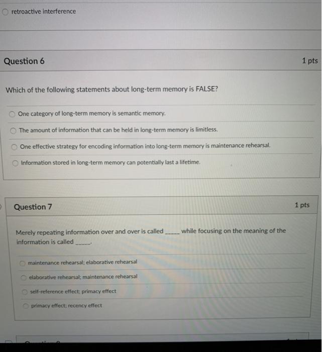 Solved retroactive interference Question 6 1 pts Which of | Chegg.com