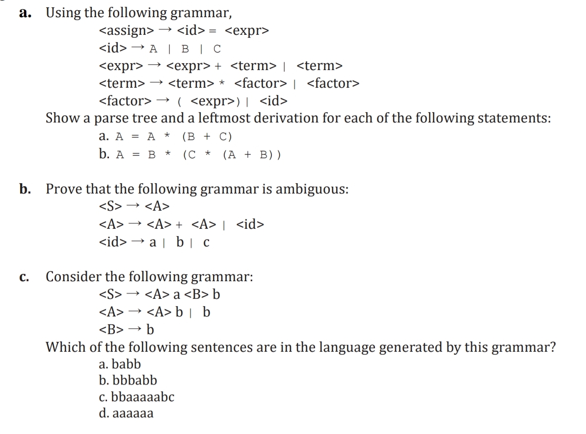 Solved a. ﻿Using the following grammar,Show a parse tree and | Chegg.com