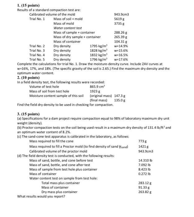 Solved 1. (15 points) Results of a standard compaction test | Chegg.com