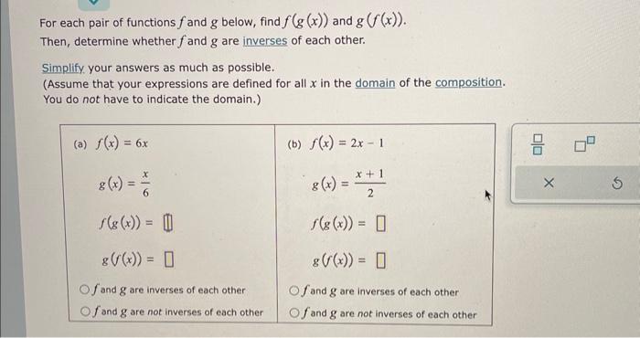 Solved For each pair of functions f and g below, find | Chegg.com