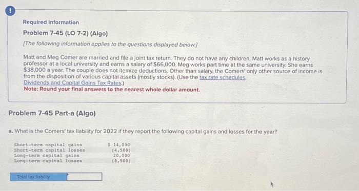 Solved Required information Problem 7.45 (LO 7-2) (Algo) | Chegg.com