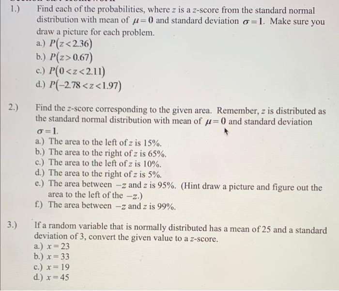 Solved 1.) Find each of the probabilities, where z is a | Chegg.com