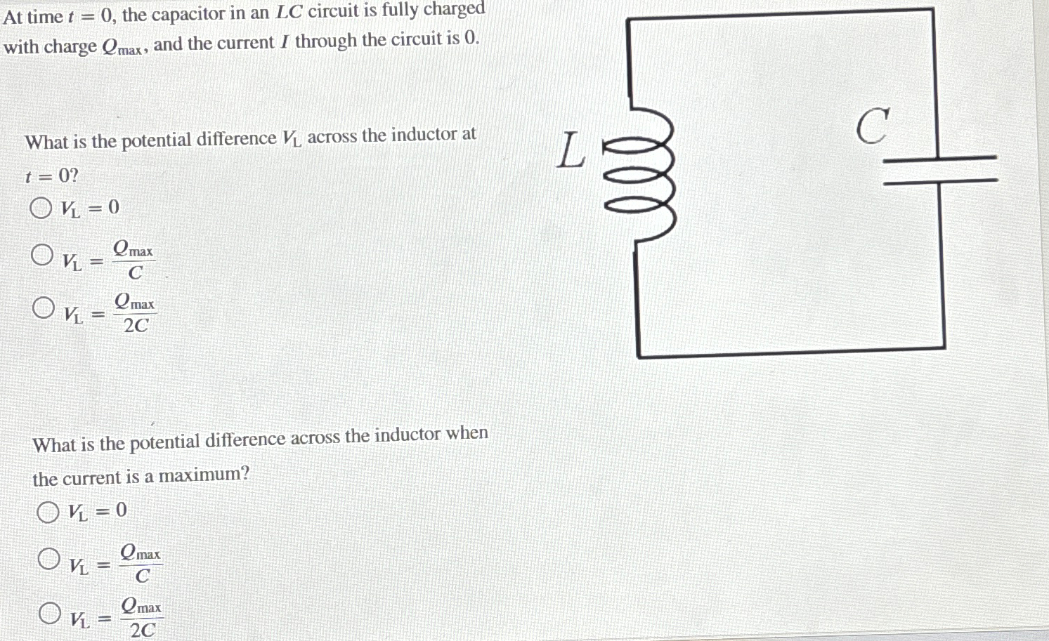 Solved At time t=0, ﻿the capacitor in an LC ﻿circuit is | Chegg.com