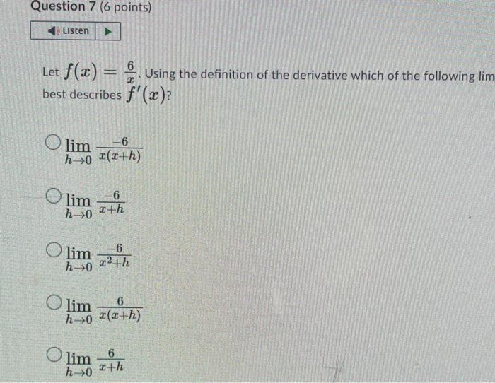 Solved Let f(x)=x6. Using the definition of the derivative | Chegg.com