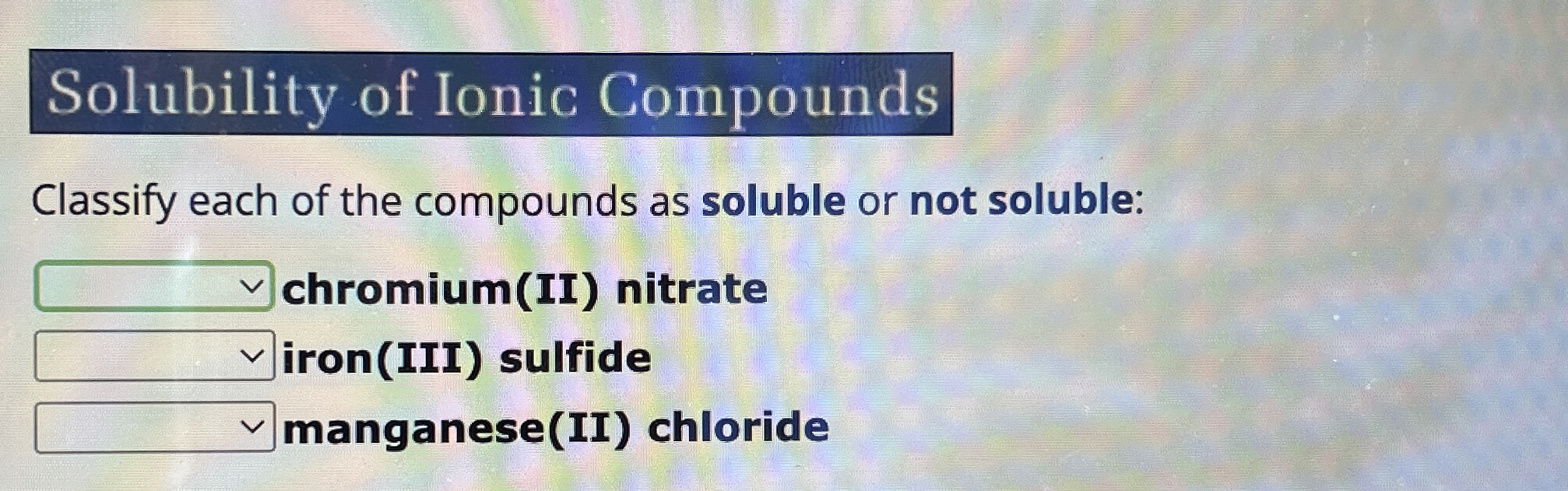 Solved Solubility of Ionic CompoundsClassify each of the | Chegg.com