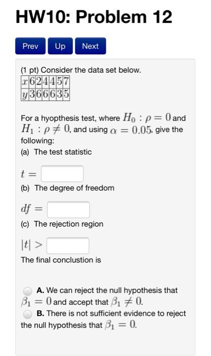 Solved HW10: Problem 11 Prev Up Next (1 pt) For the data set | Chegg.com