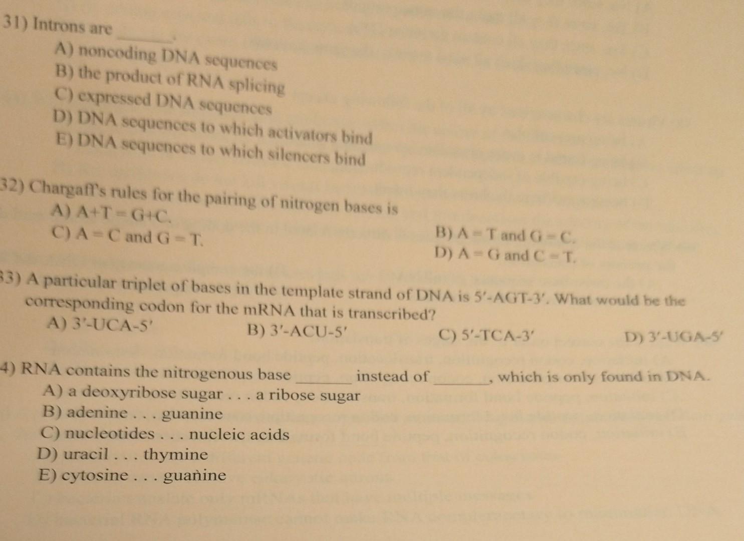 Solved 31) Introns are A) noncoding DNA sequences B) the | Chegg.com