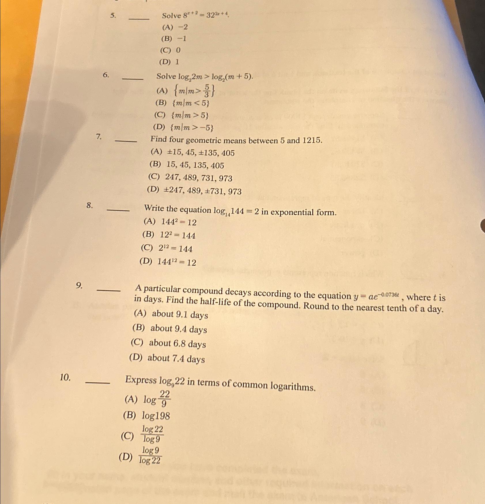 Solved Solve 8^(x+2)=32^(2x+4)\\n(A) -2\\n(B) -1\\n(C) | Chegg.com
