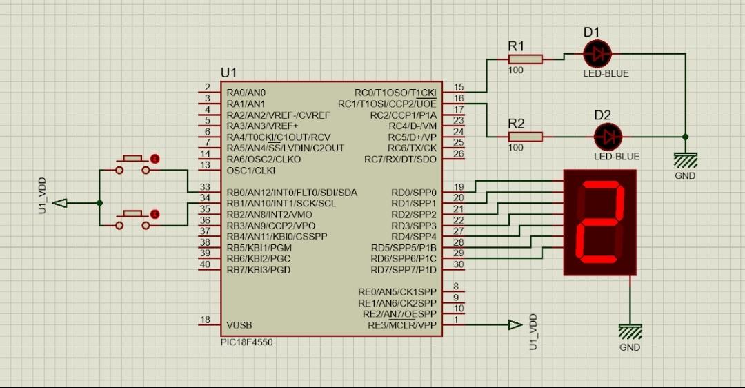 Solved A PIC18f4550 is connected with 2 pushbuttons (PB1 | Chegg.com